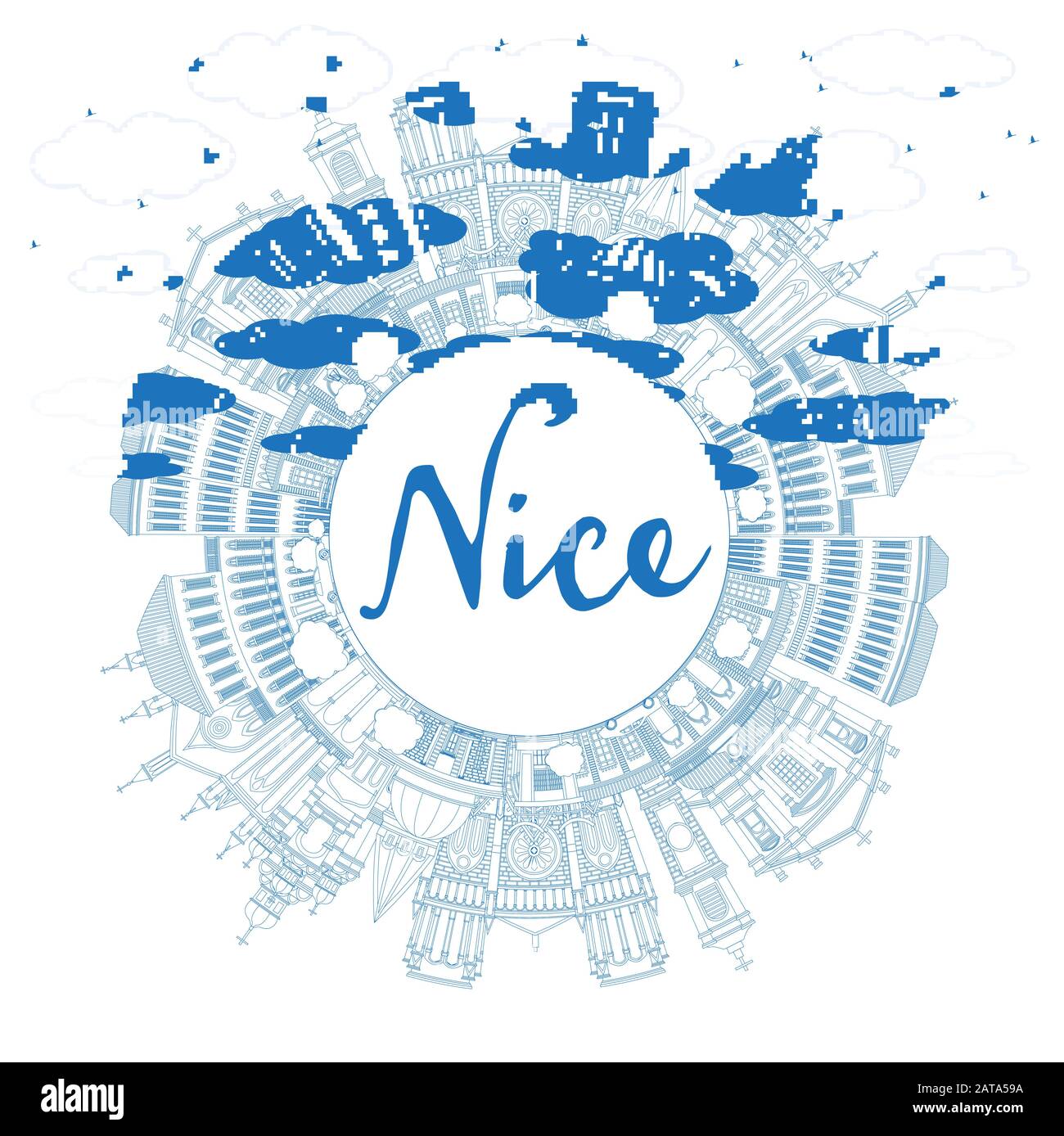 Outline Nice France City Skyline with Blue Buildings and Copy Space ...