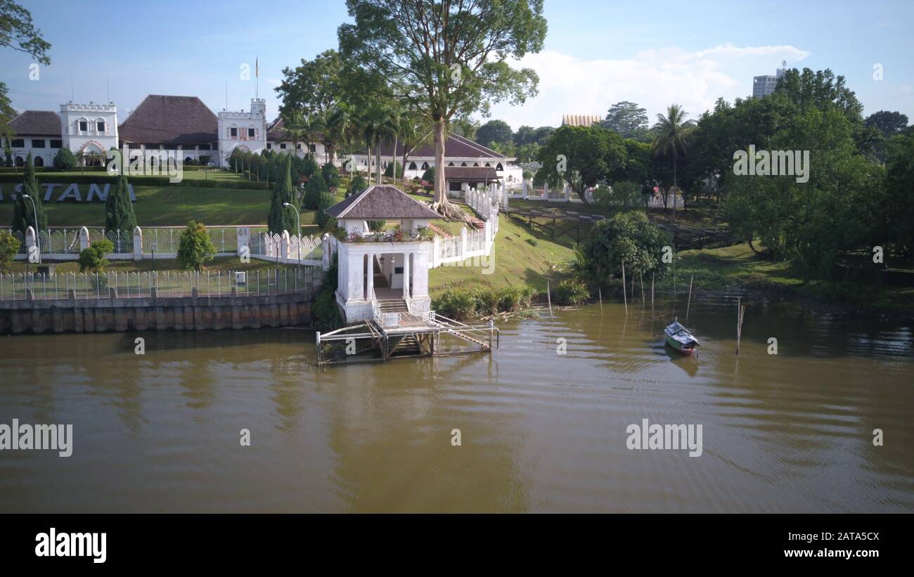 Aerial view of the Kuching city area, with the rivers, bridges, hills ...