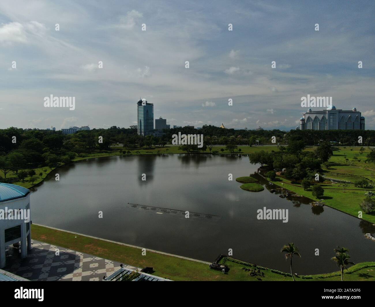 Aerial view of the Kuching city area, with the rivers, bridges, hills ...