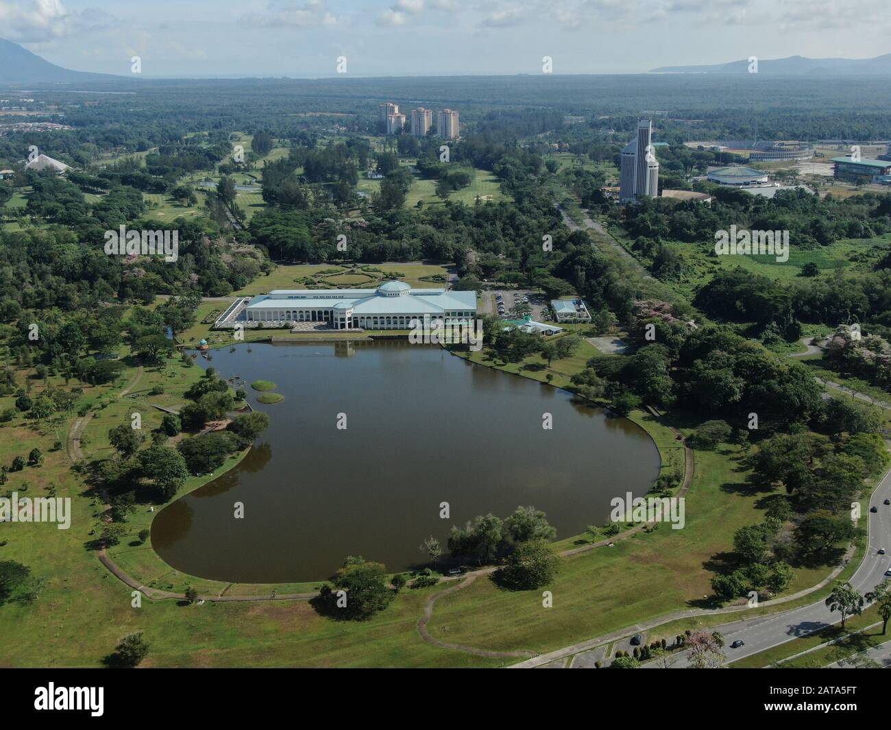 Aerial view of the Kuching city area, with the rivers, bridges, hills ...