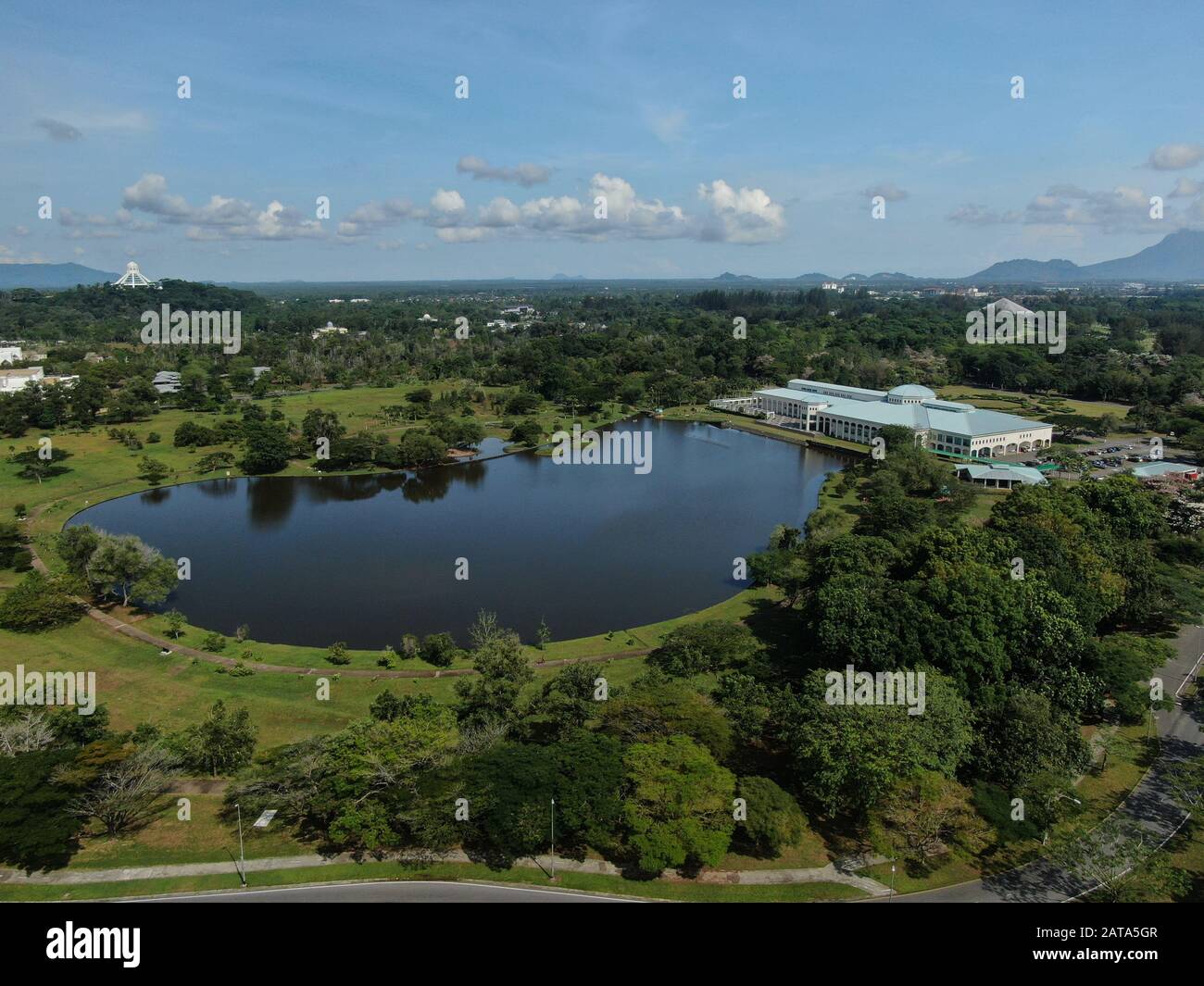 Aerial view of the Kuching city area, with the rivers, bridges, hills ...