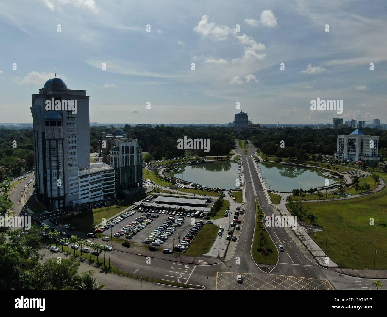 Aerial view of the Kuching city area, with the rivers, bridges, hills ...