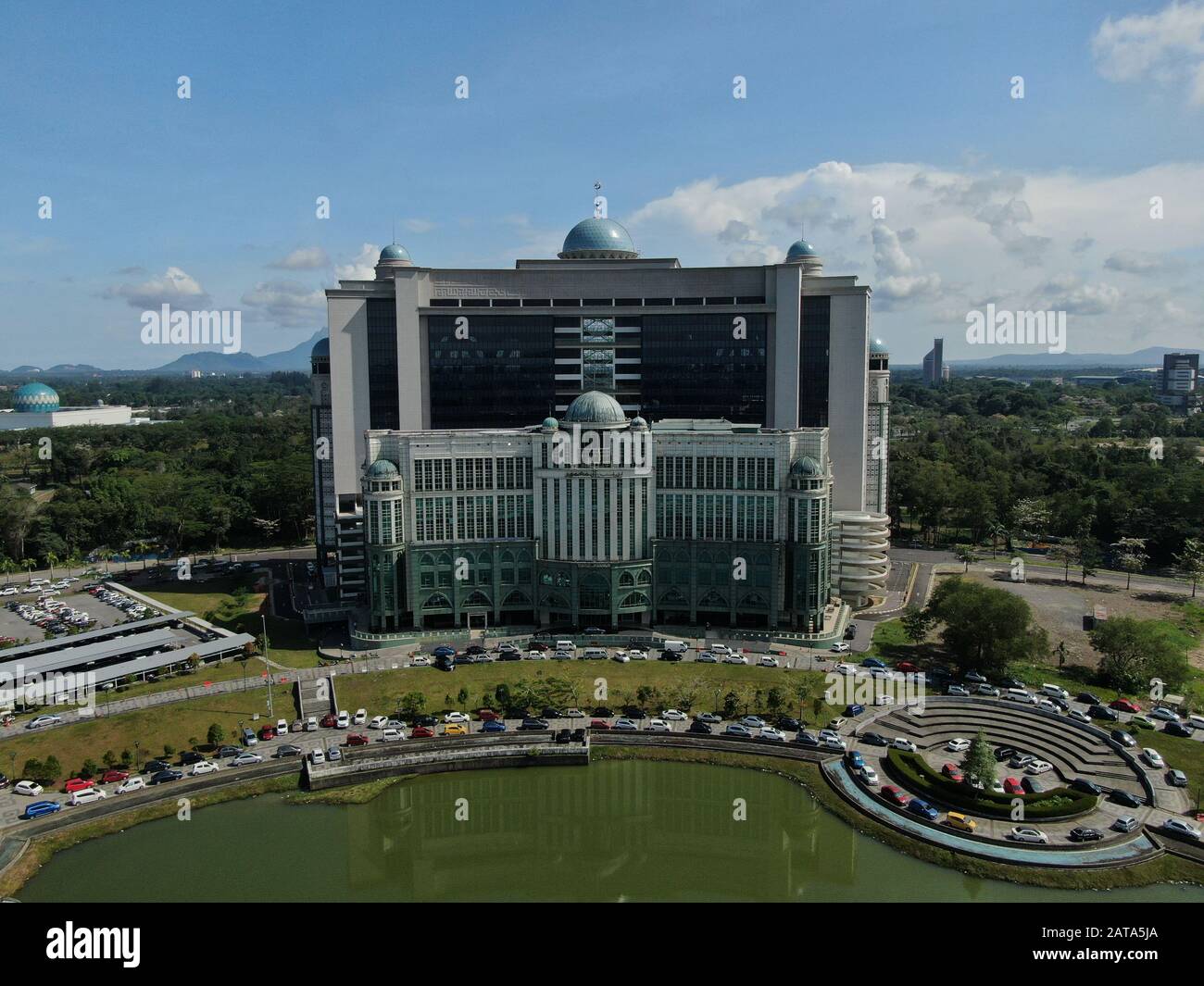 Aerial view of the Kuching city area, with the rivers, bridges, hills ...