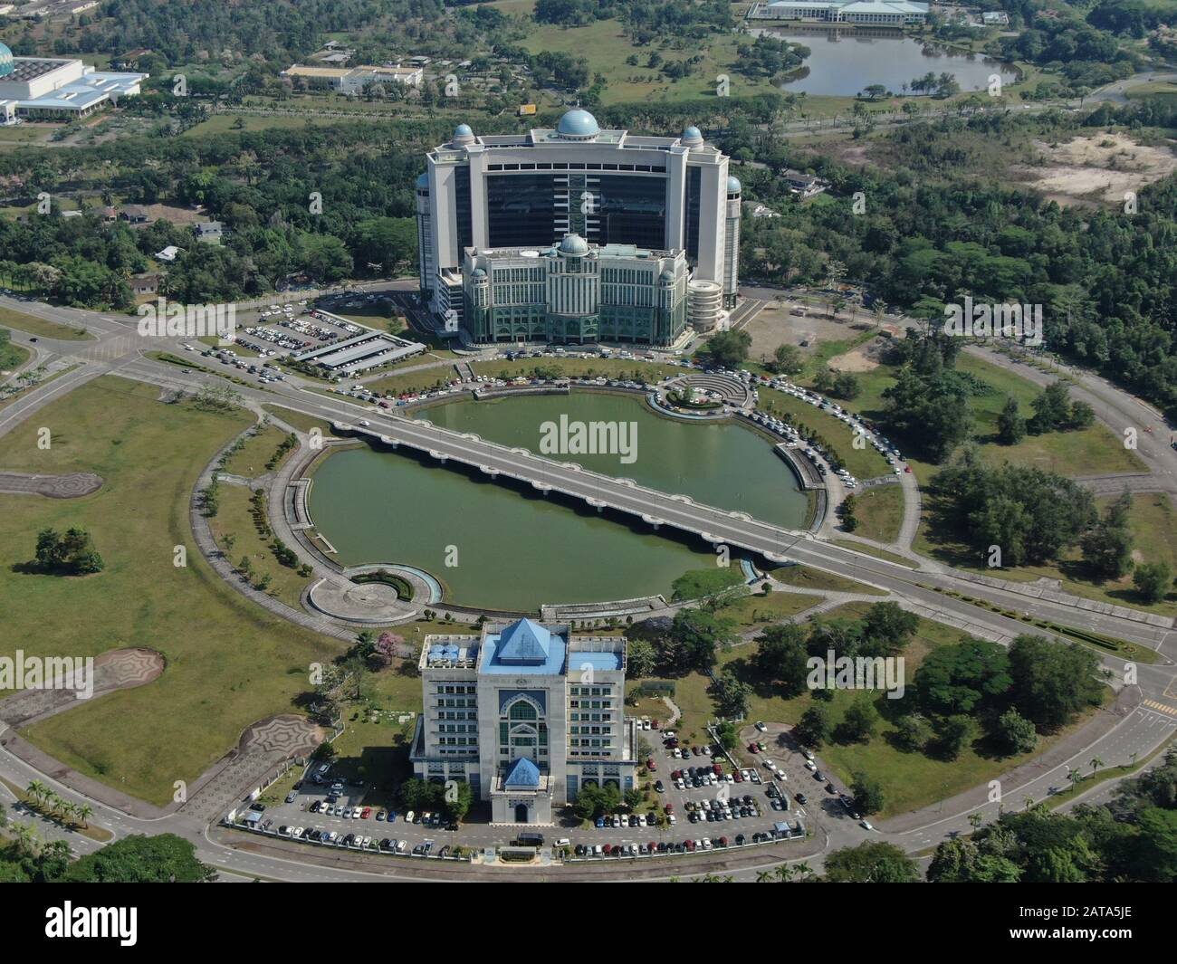Aerial view of the Kuching city area, with the rivers, bridges, hills ...