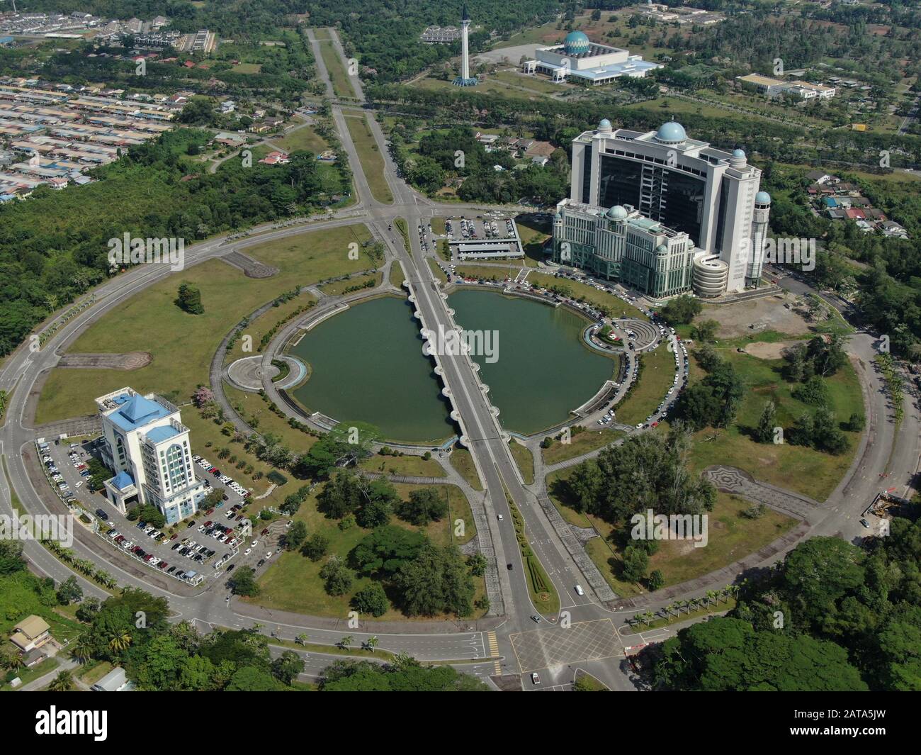 Aerial view of the Kuching city area, with the rivers, bridges, hills ...
