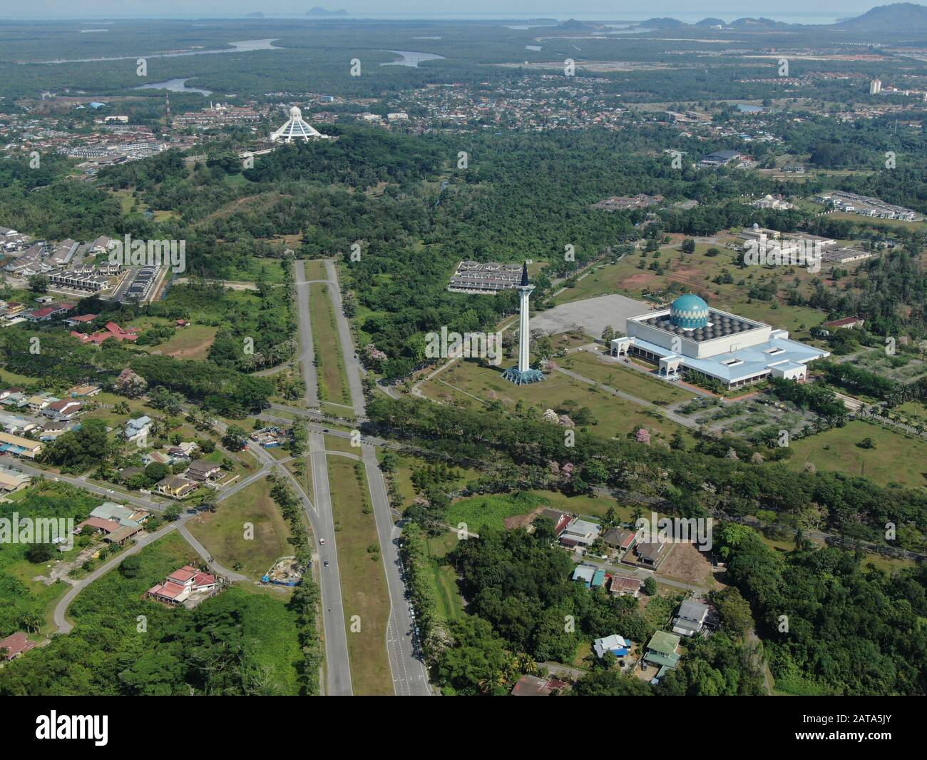 Aerial view of the Kuching city area, with the rivers, bridges, hills ...