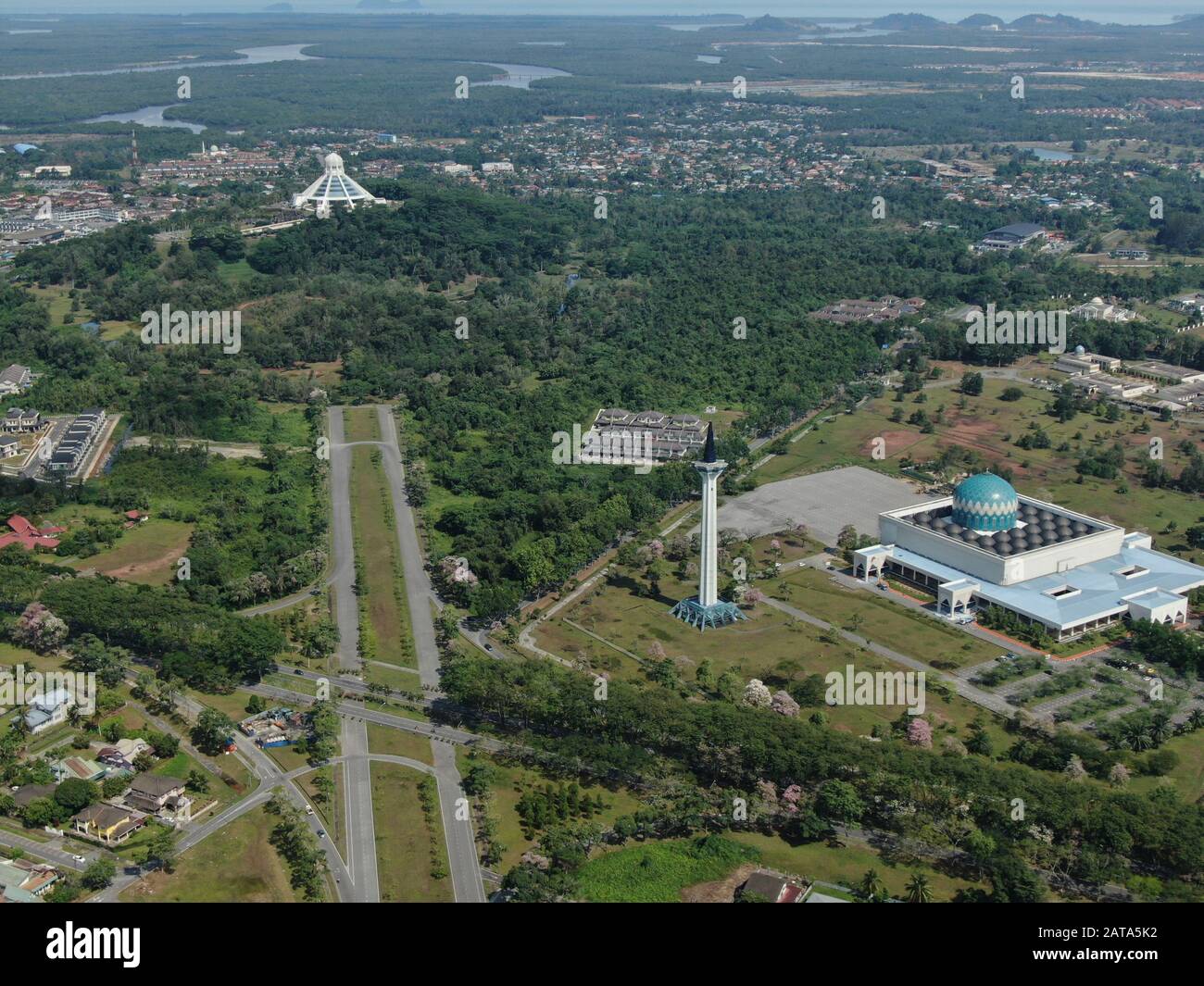 Aerial view of the Kuching city area, with the rivers, bridges, hills ...