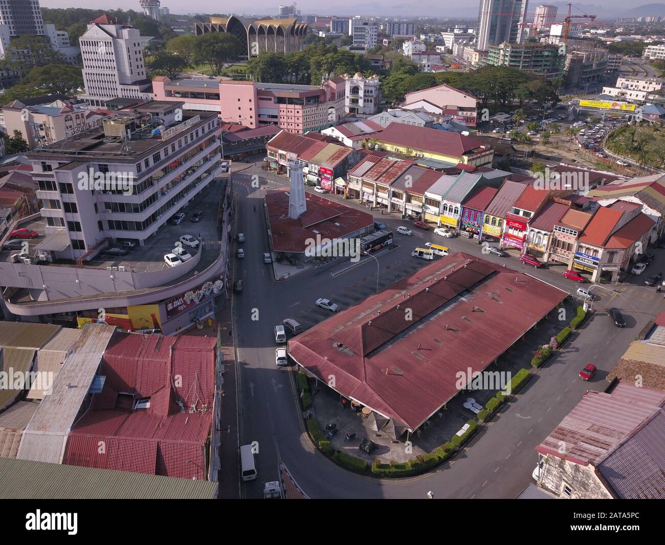 Aerial view of the Kuching city area, with the rivers, bridges, hills ...