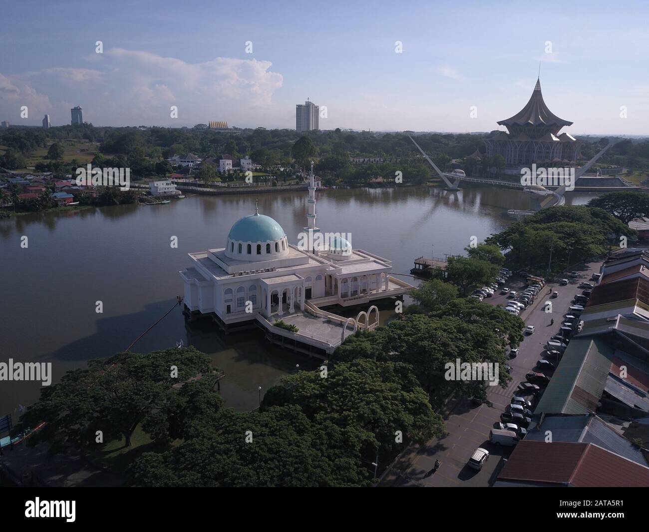 Aerial view of the Kuching city area, with the rivers, bridges, hills ...