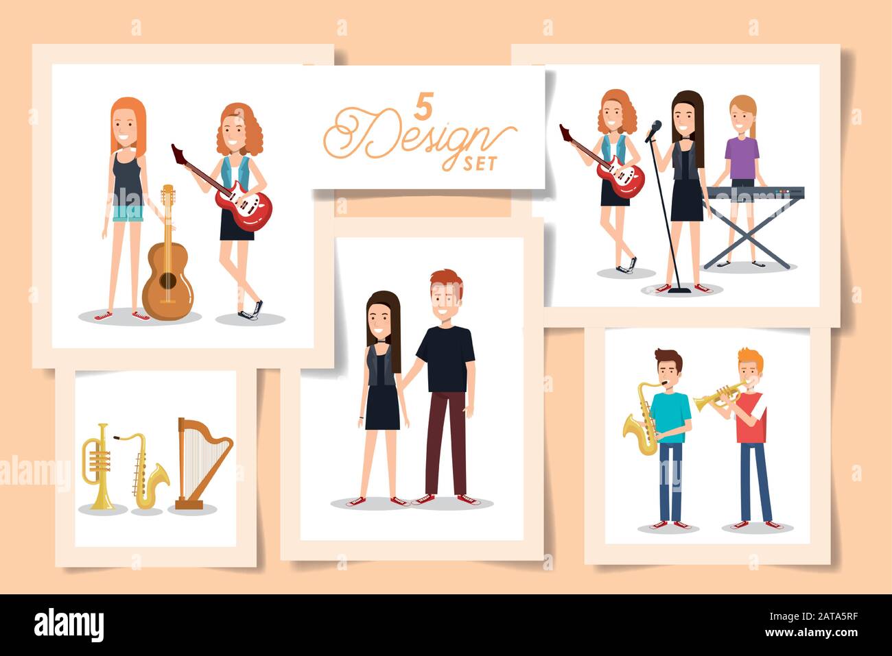five designs of young people with instruments musical Stock Vector ...