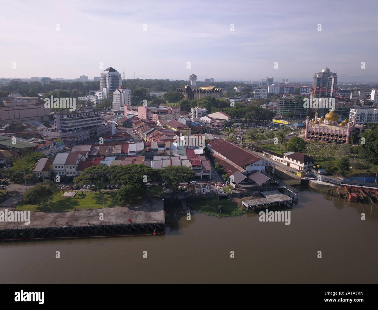 Aerial view of the Kuching city area, with the rivers, bridges, hills ...