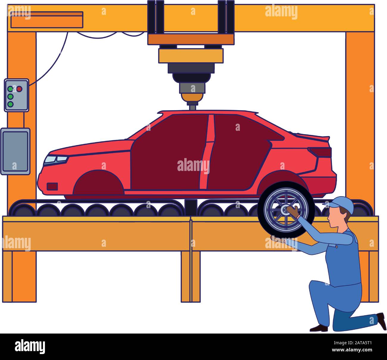 car repair design of mechanic working at machine with car body ...
