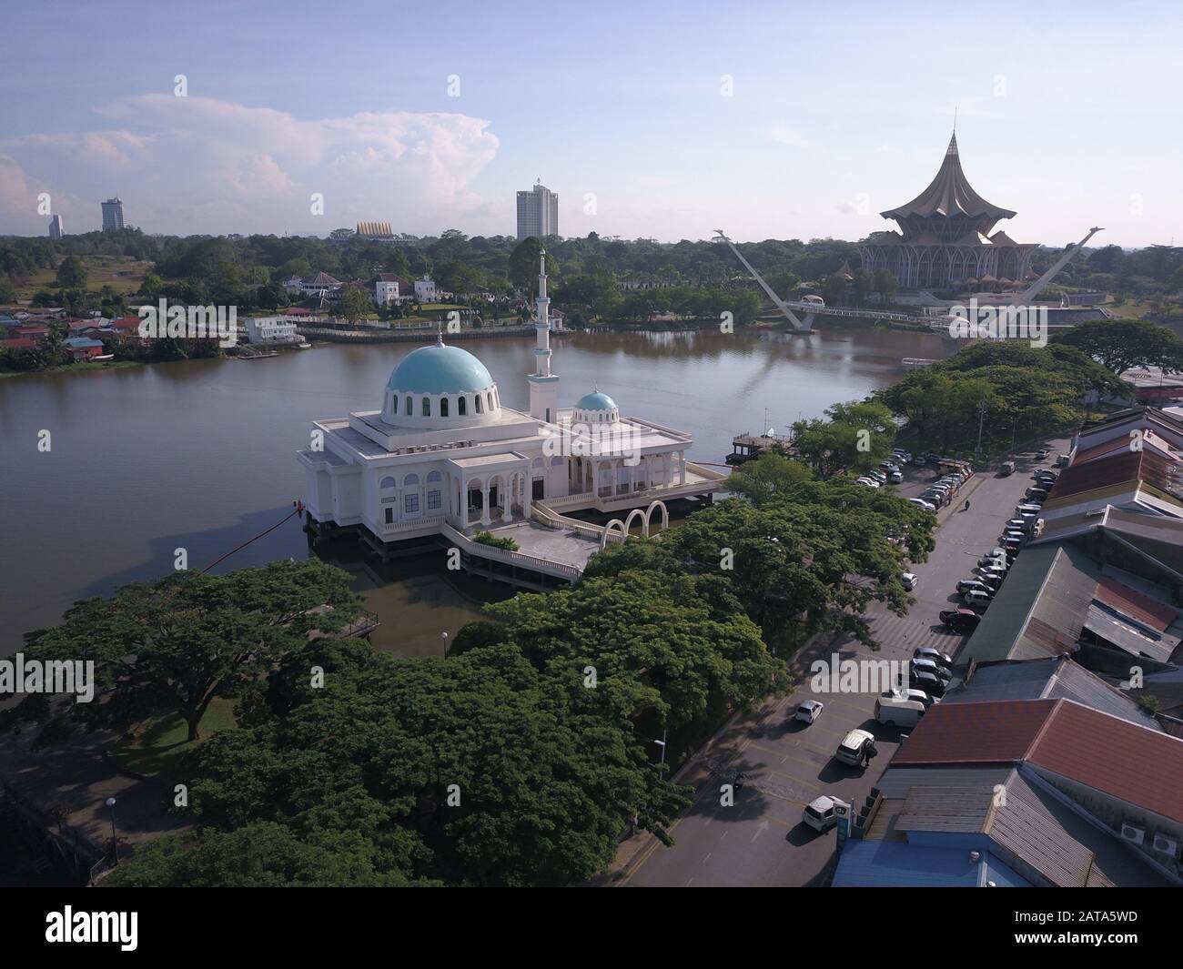 Aerial view of the Kuching city area, with the rivers, bridges, hills ...