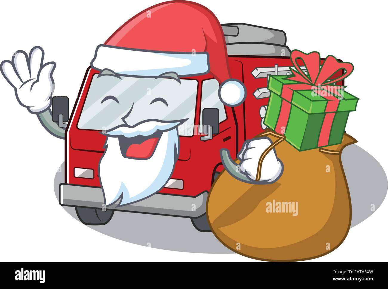 Santa fire truck Cartoon character design having box of gift Stock ...