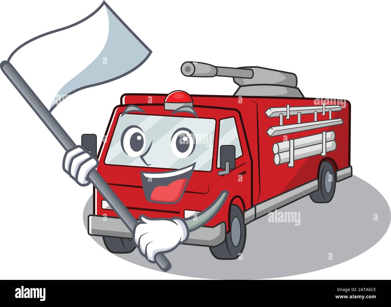 Funny fire truck cartoon character style holding a standing flag Stock ...