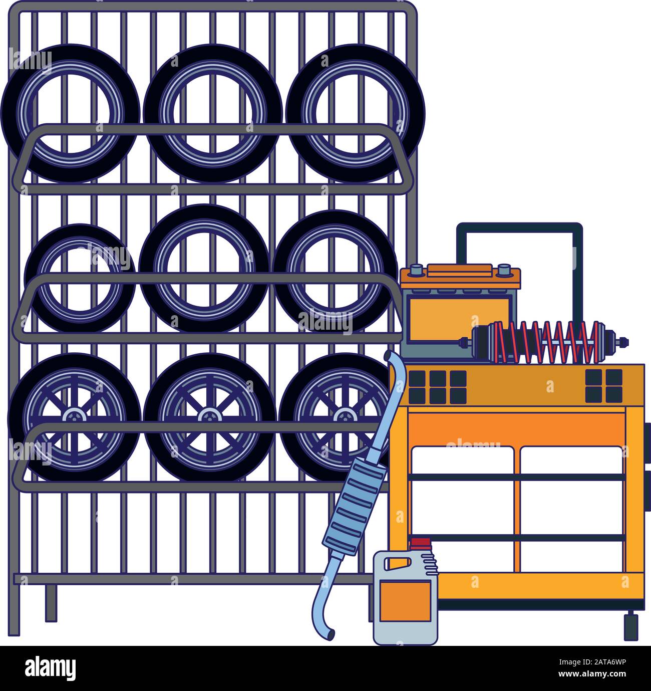 rack with car tires and tools trolley, colorful design Stock Vector ...