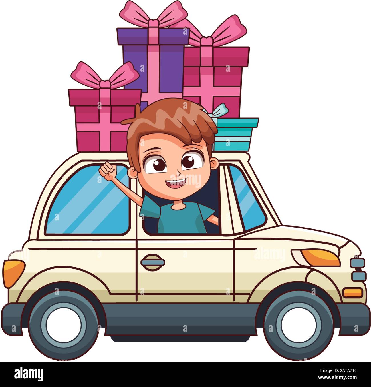 cartoon boy in a car with gift boxes, colorful design Stock Vector ...