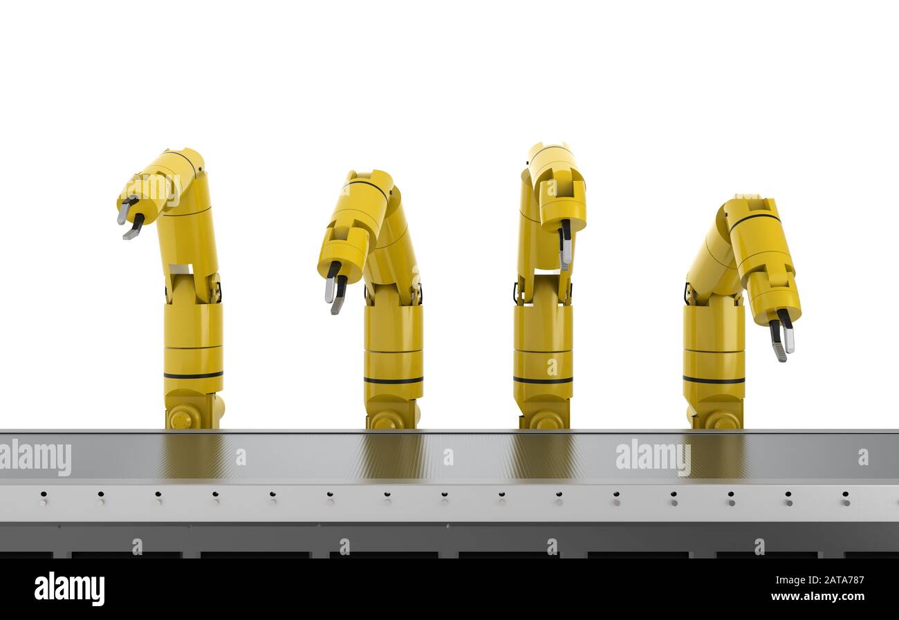 Automation industry concept with 3d rendering robot assembly line in ...