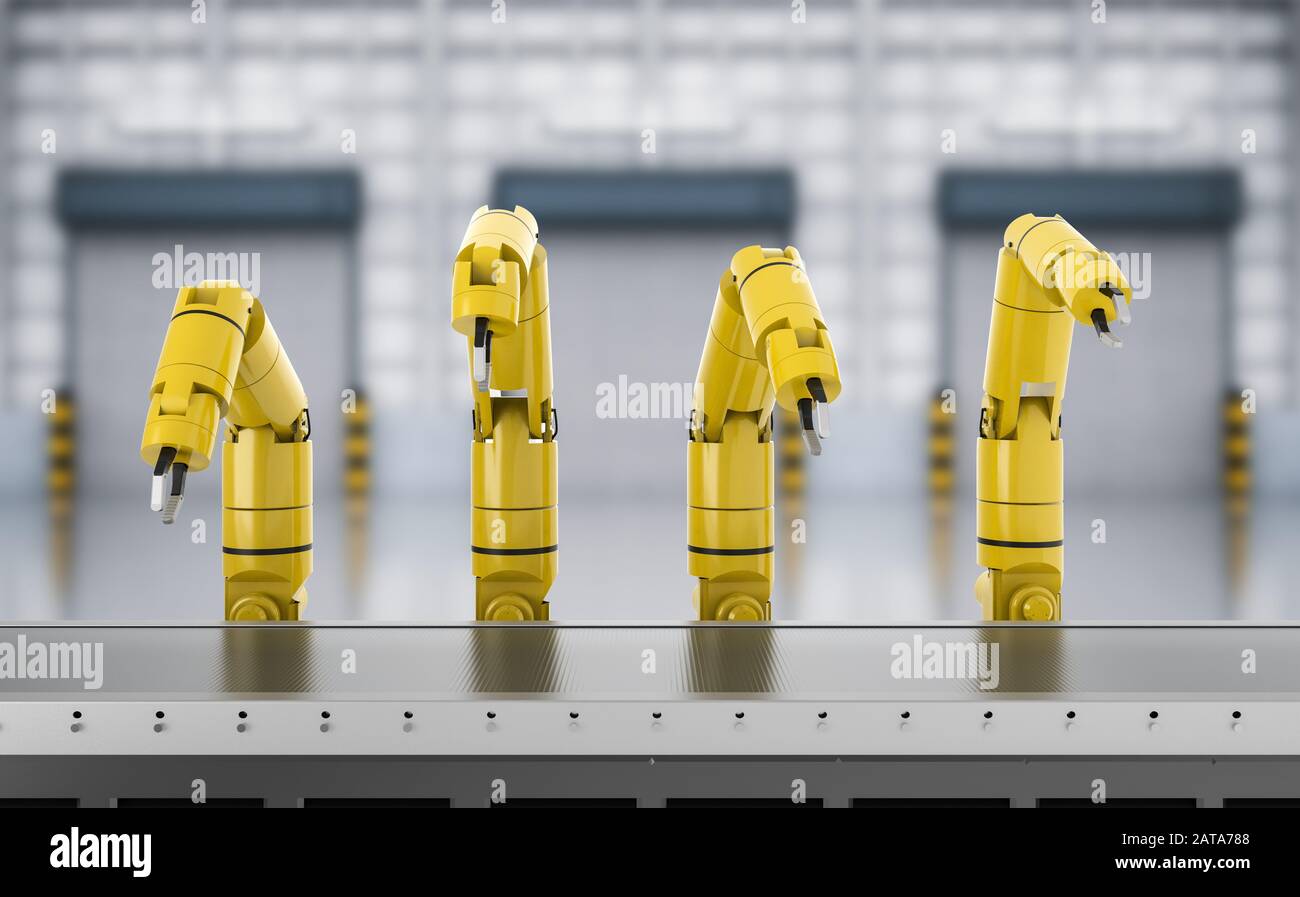 Automation industry concept with 3d rendering robot assembly line in factory Stock Photo - Alamy