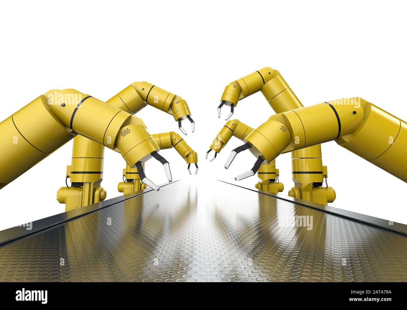 Automation industry concept with 3d rendering robot assembly line in ...