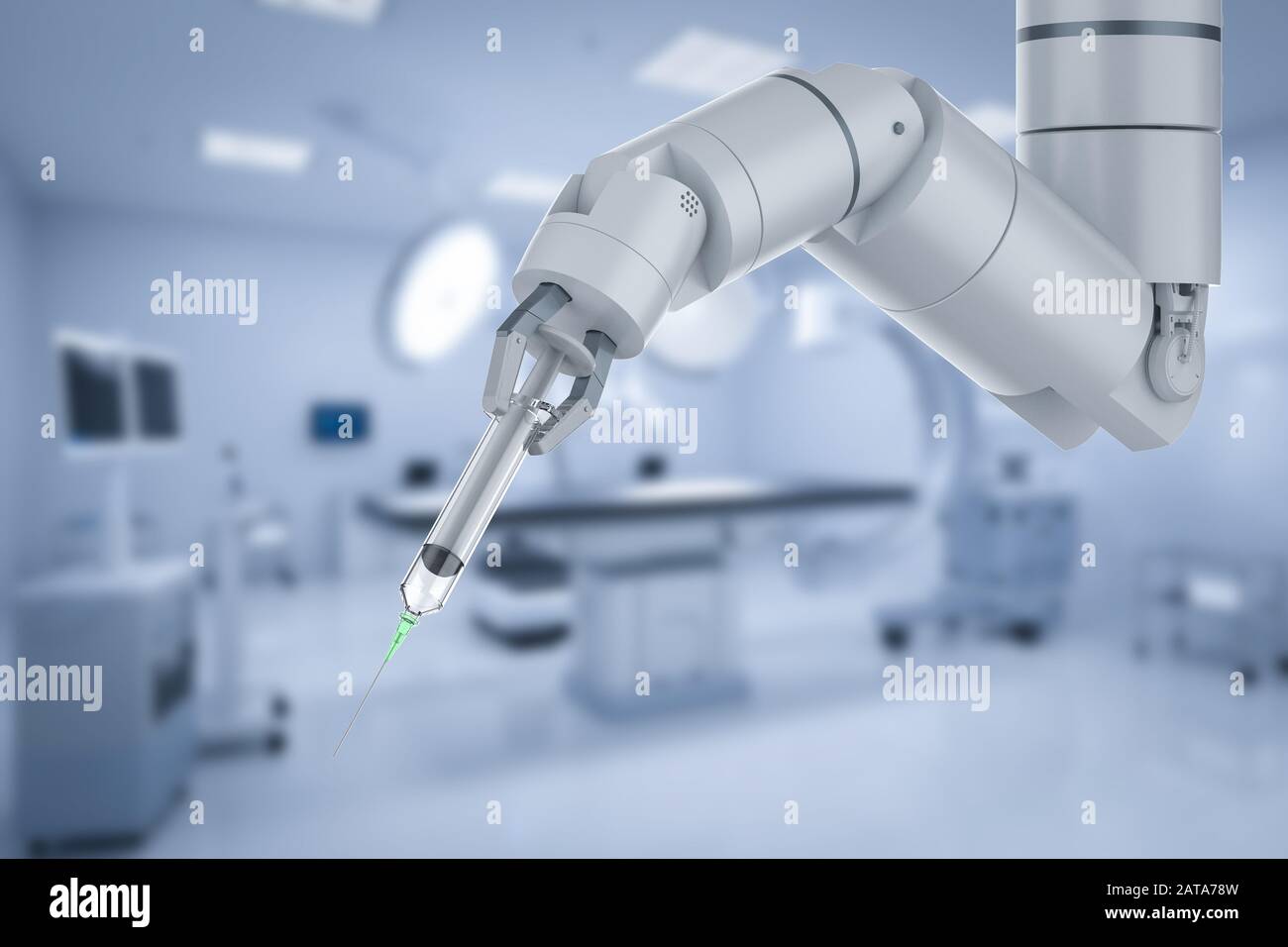 Medical technology concept with 3d rendering robot hand hold syringe in ...