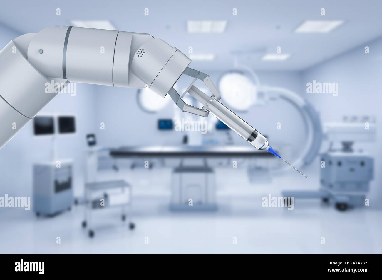 Medical technology concept with 3d rendering robot hand hold syringe in ...