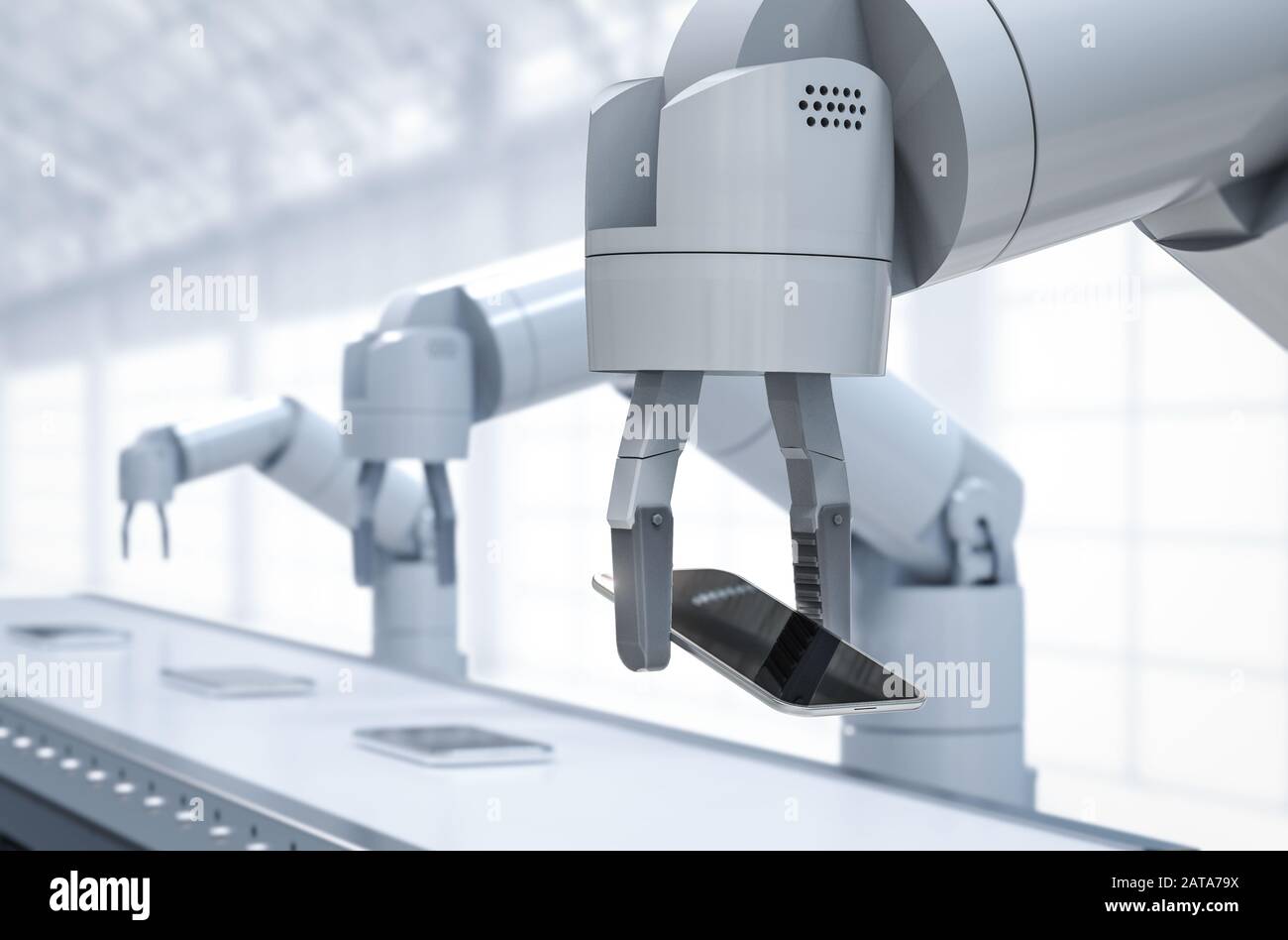 Automation industry concept with 3d rendering robot assembly line in ...