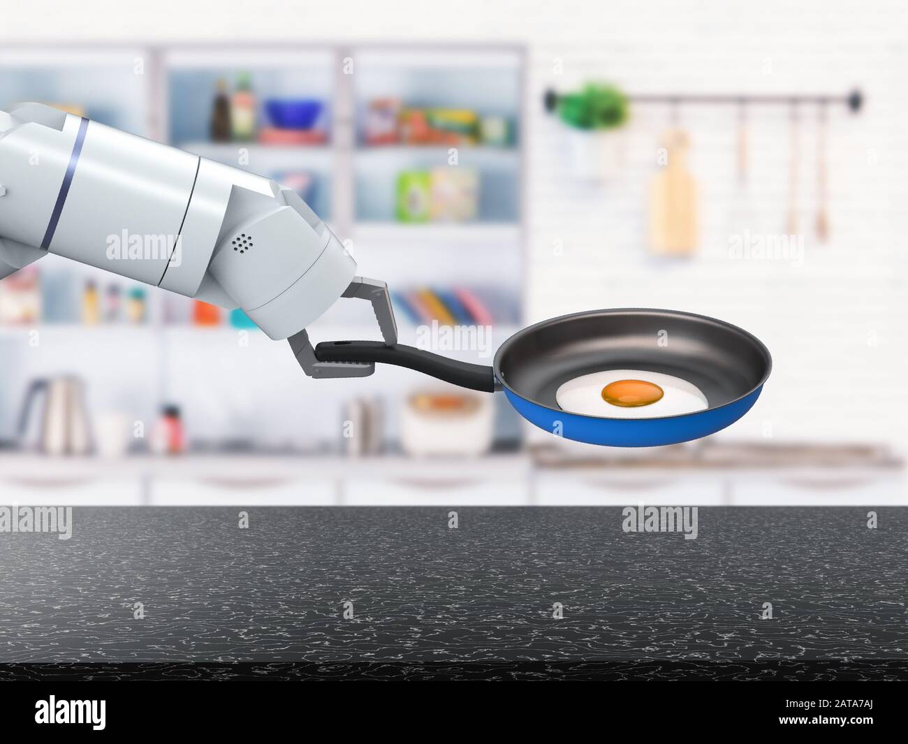 3d rendering chef robot hold frying pan in kitchen Stock Photo - Alamy