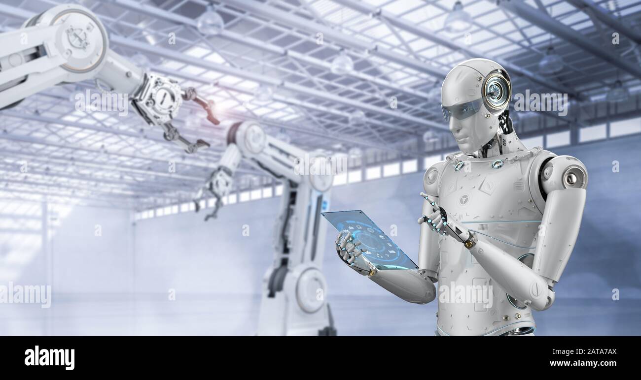 Automation factory concept with 3d rendering cyborg in factory Stock ...
