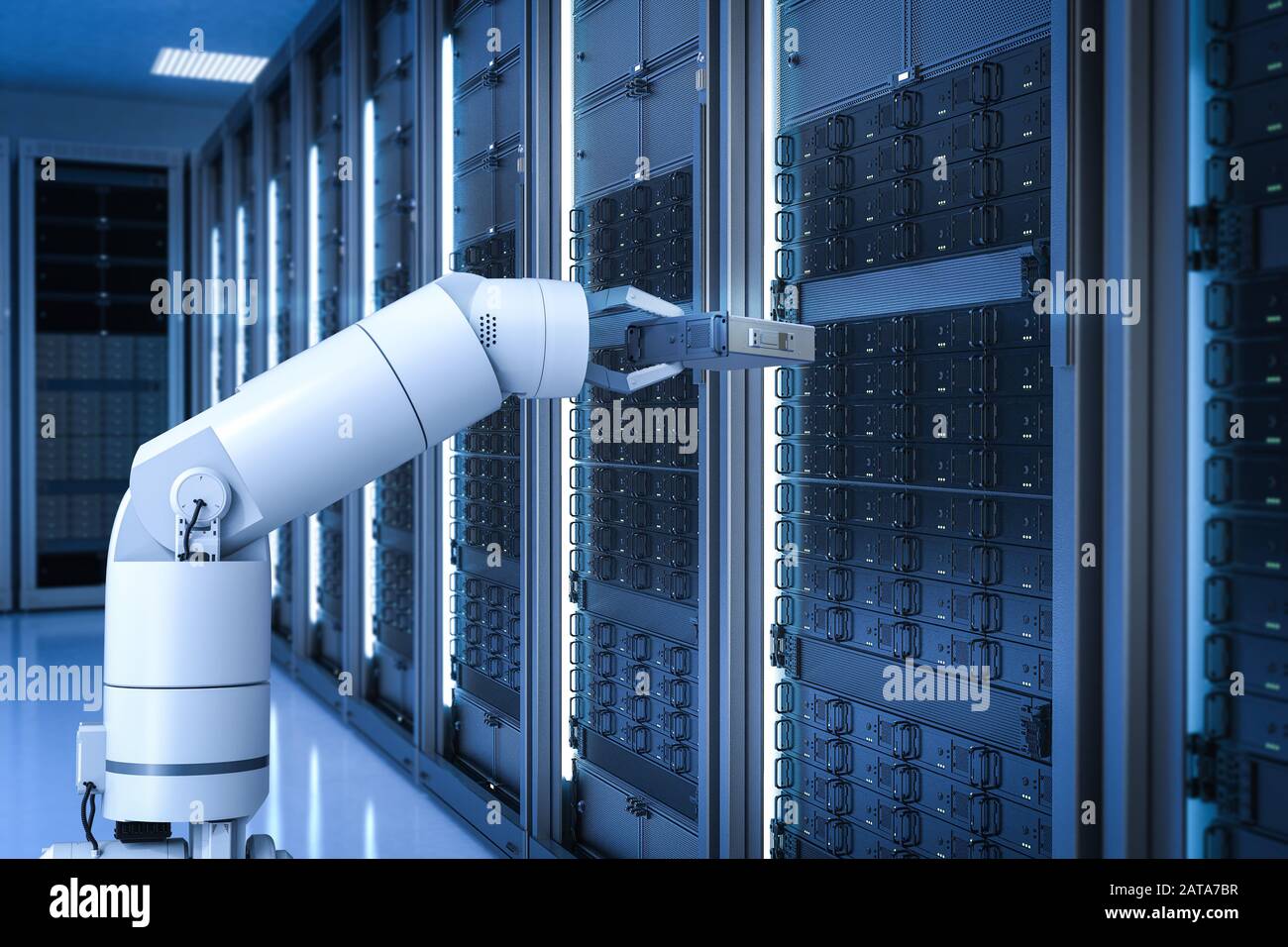 Automation server room with 3d rendering robot arm works in server room ...