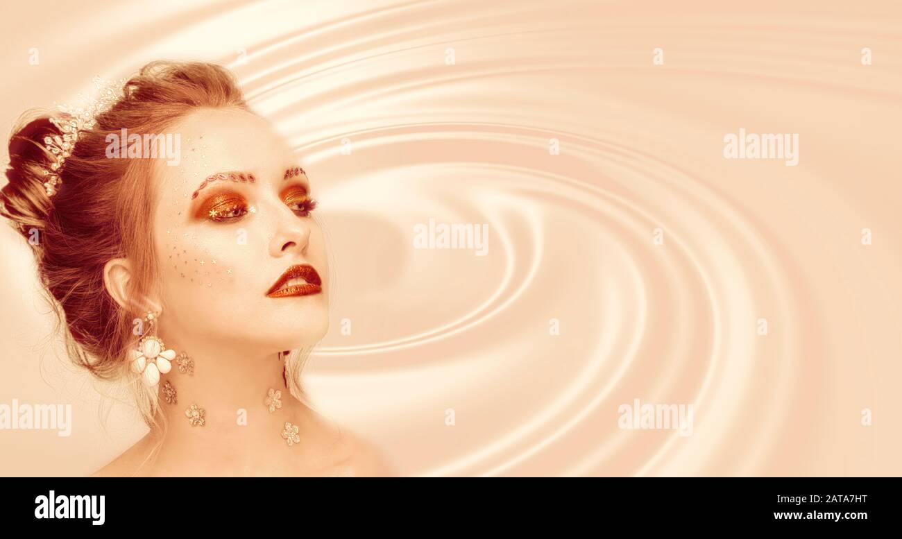 Face model in a foundation texture. Girl with bright makeup. Face cream ...