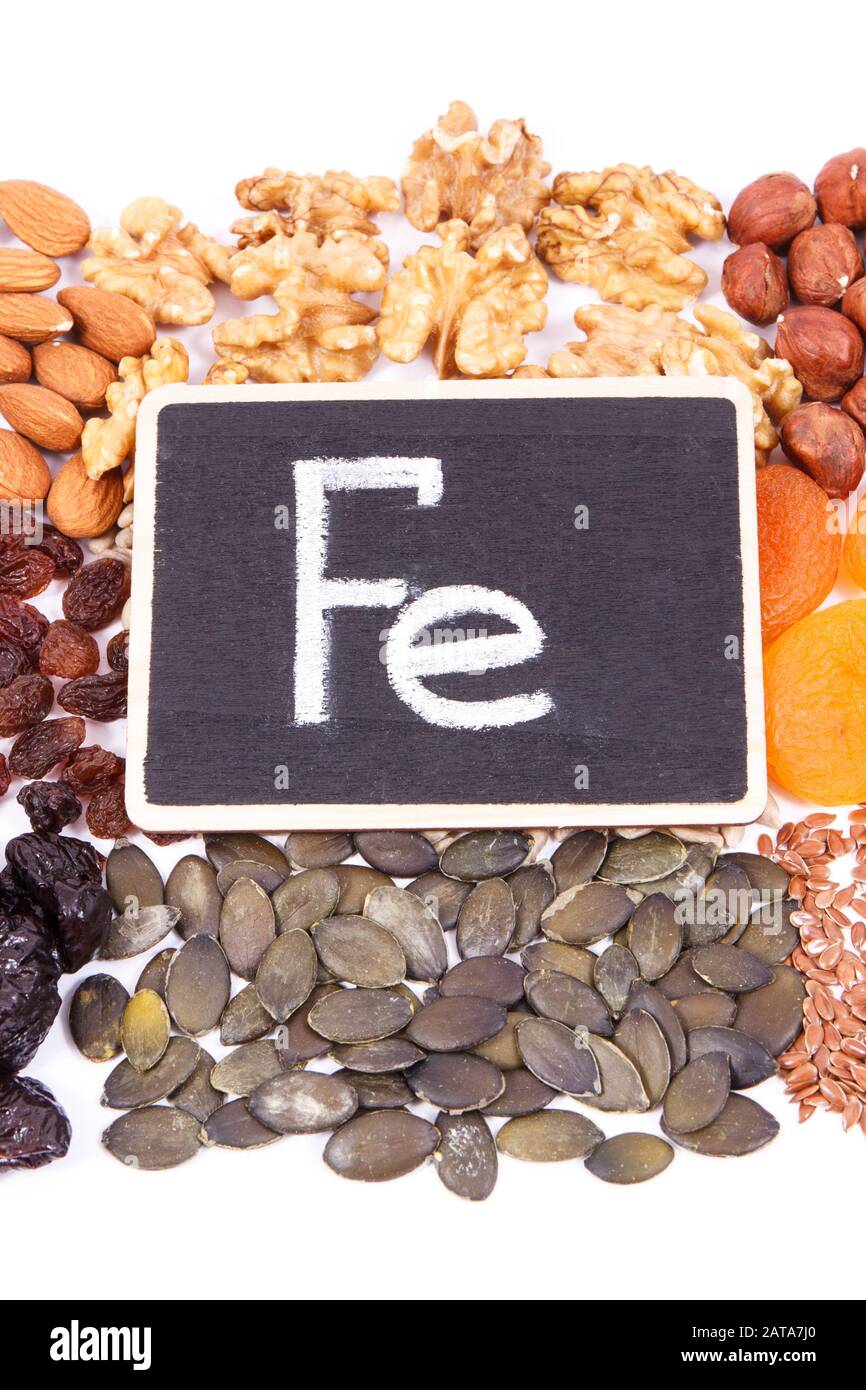 Inscription Fe and food containing iron, concept of healthy nutrition ...
