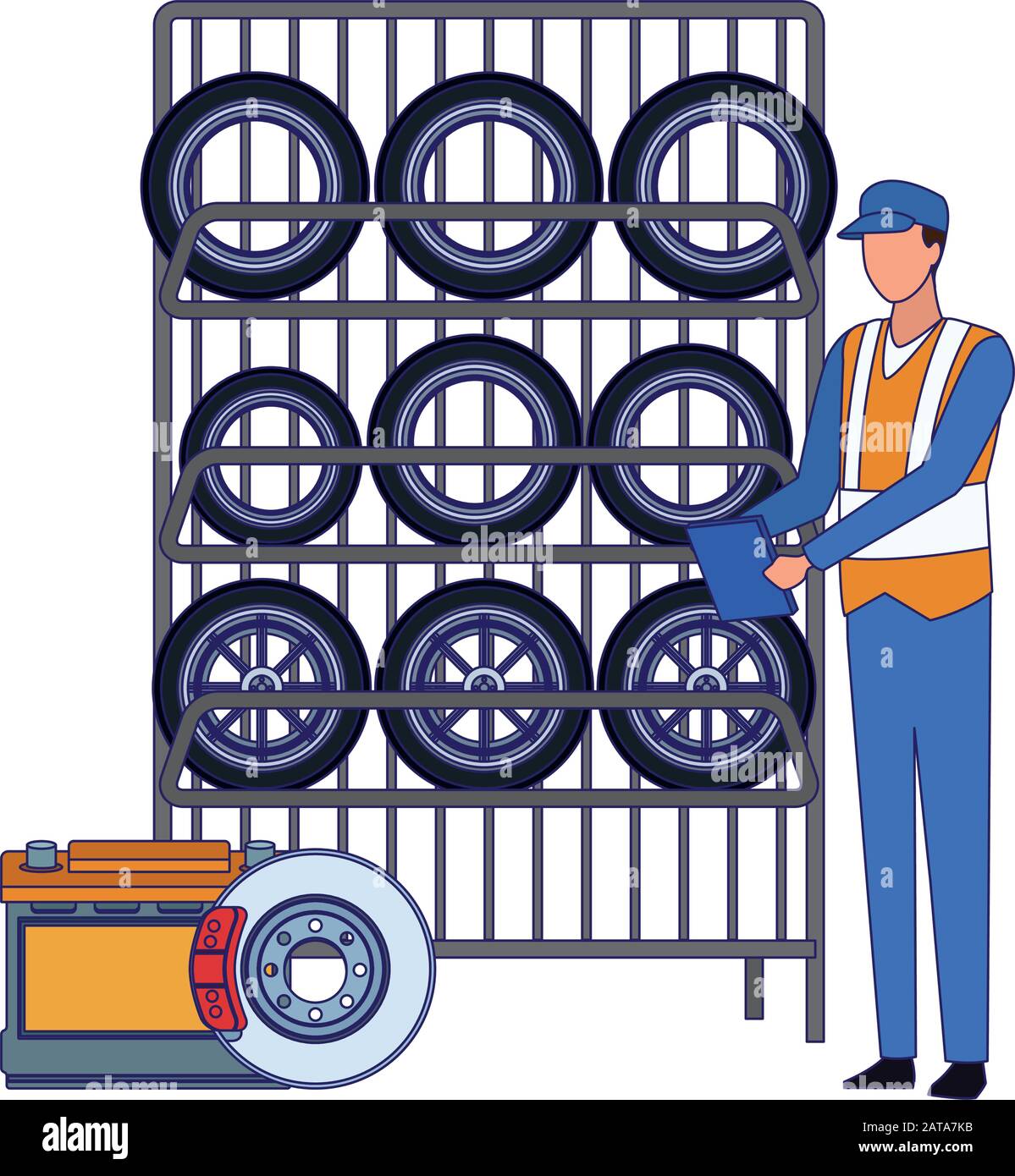 Car mechanic with tires rack over white background Stock Vector Image ...