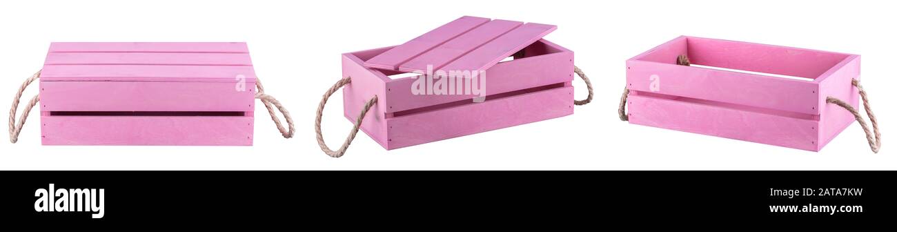 Three pink wooden crates. A step of three boxes open half open and ...