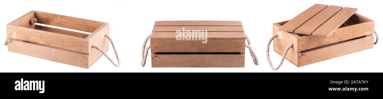 Three wooden crates. A step of three boxes open half open and closed ...