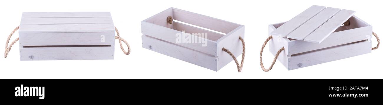 Three white wooden crates. A step of three boxes open half open and ...