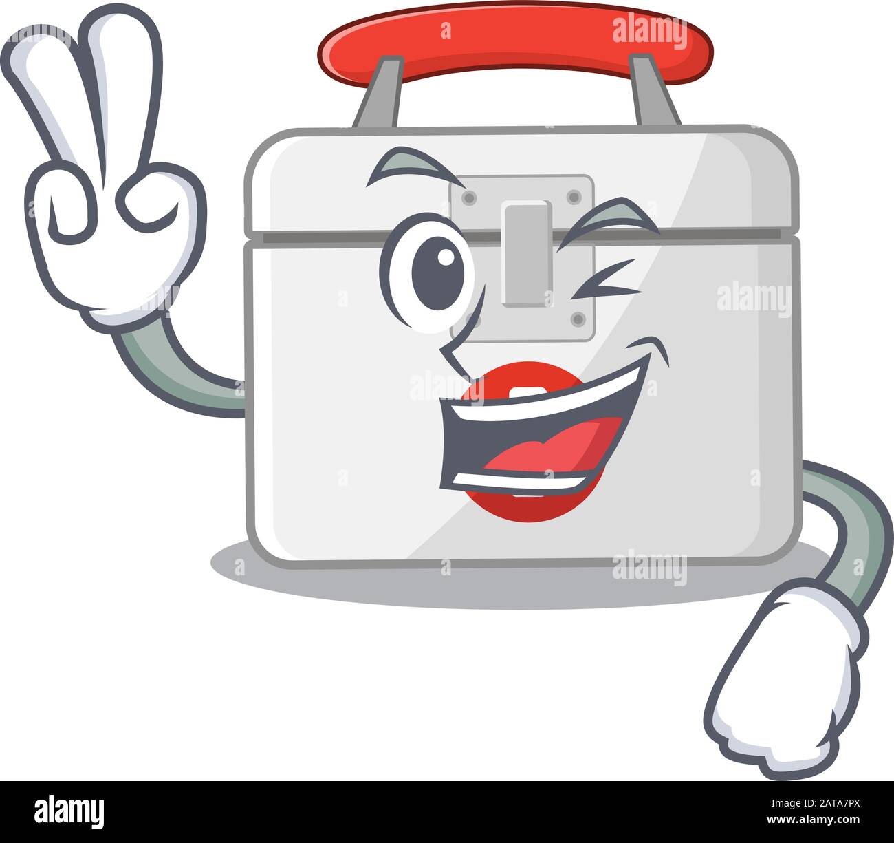 Smiley mascot of first aid kit cartoon Character with two fingers Stock ...