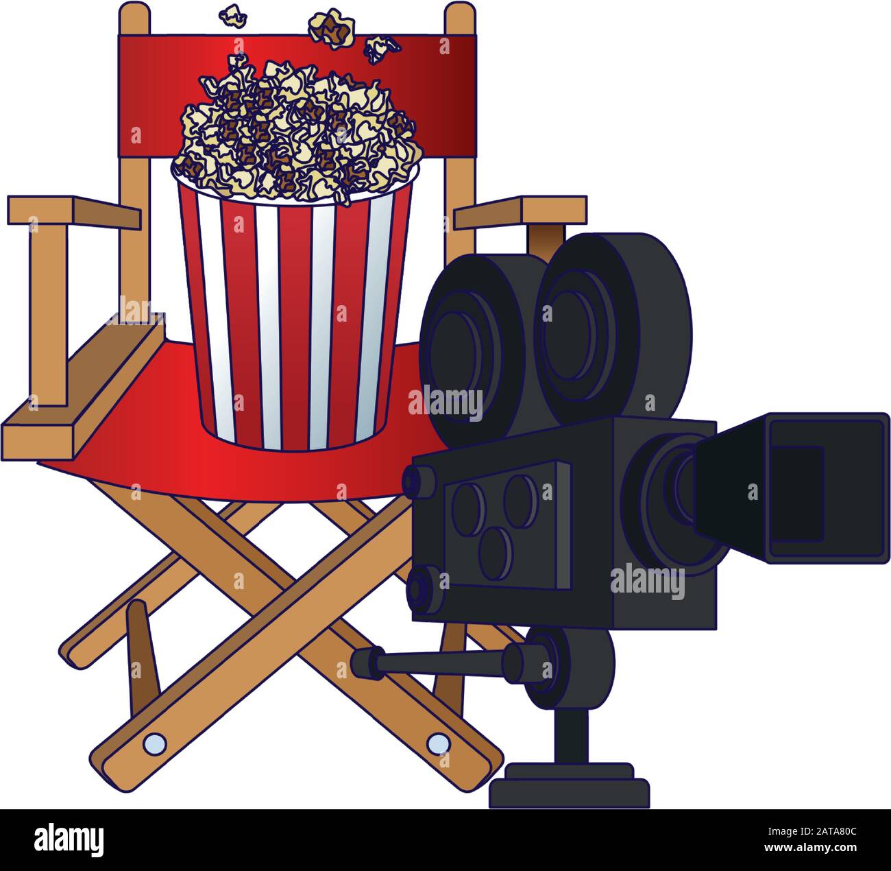 director chair with pop corn bucket and cinema camera Stock Vector ...