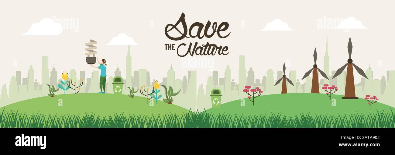save the nature campaign with woman in landscape scene Stock Vector ...