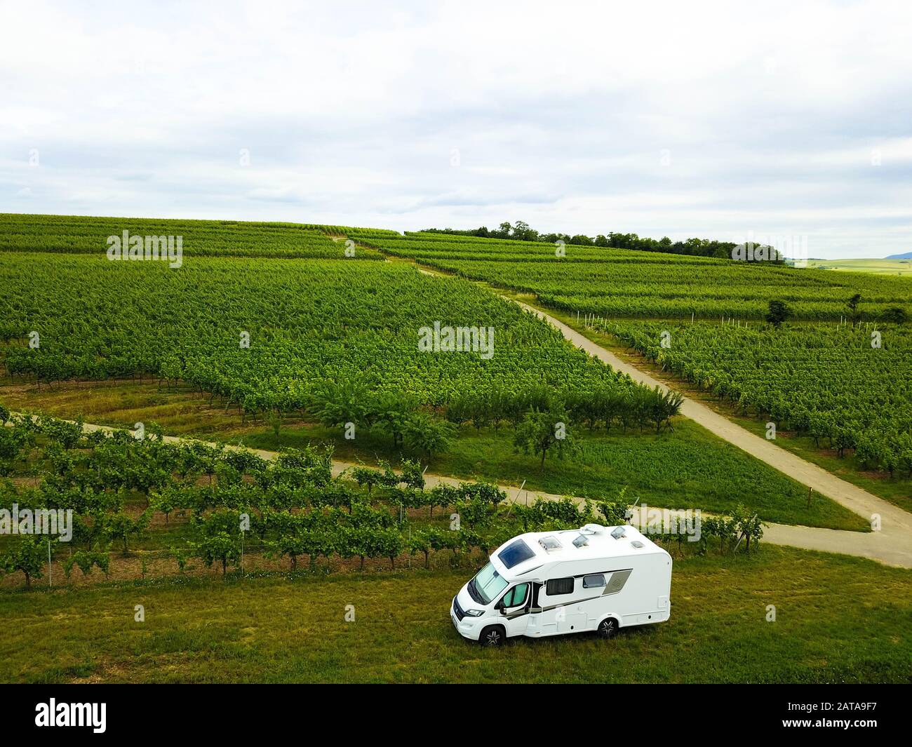 Aerial view: Motorhome stands in the middle of vineeyards Stock Photo ...