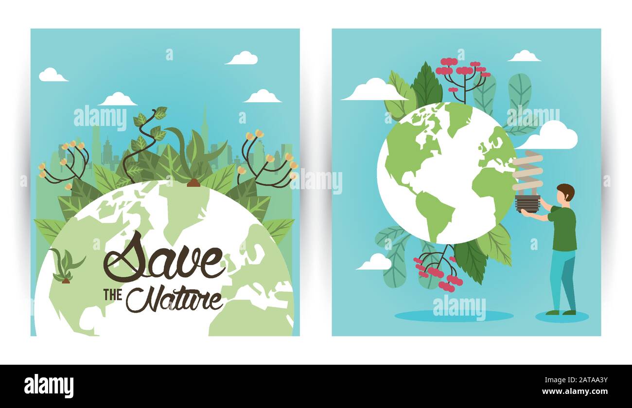 save the nature campaign with people and world planets Stock Vector ...