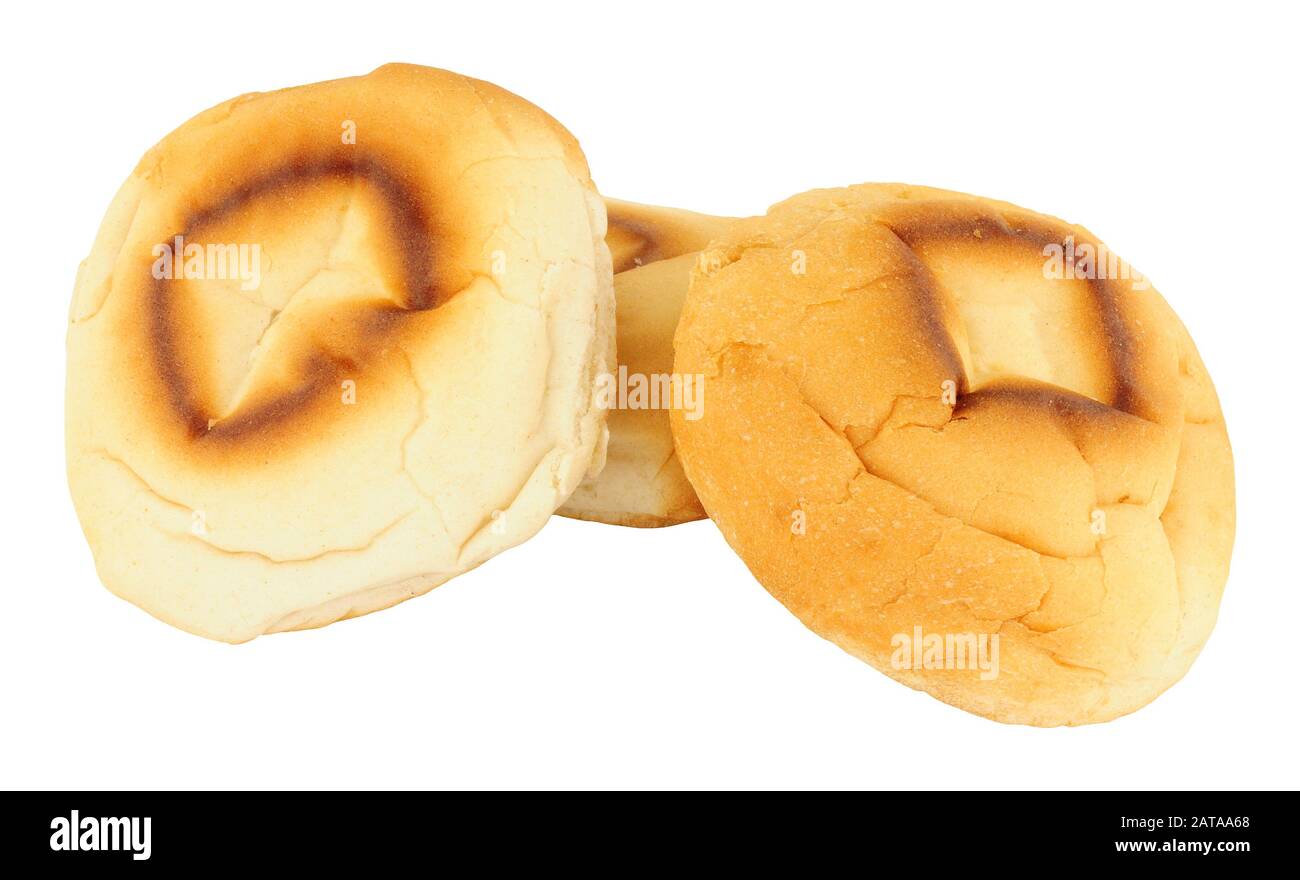 Traditional Lancashire oven bottom bread muffins isolated on a white ...