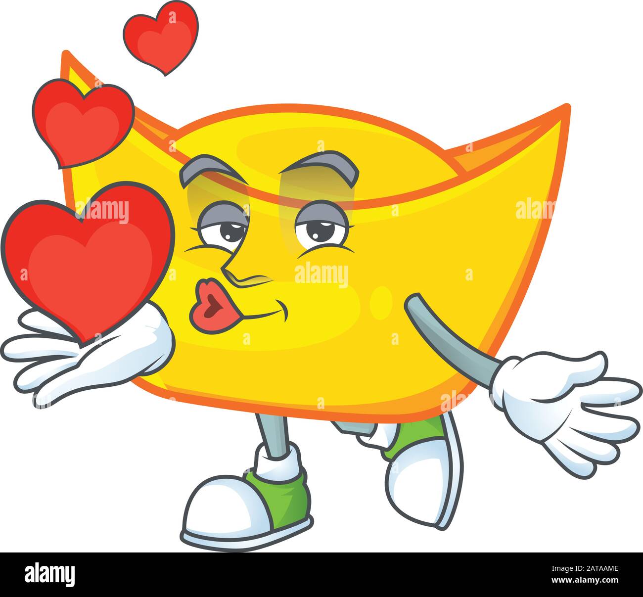 Funny Face chinese gold ingot cartoon character holding a heart Stock ...