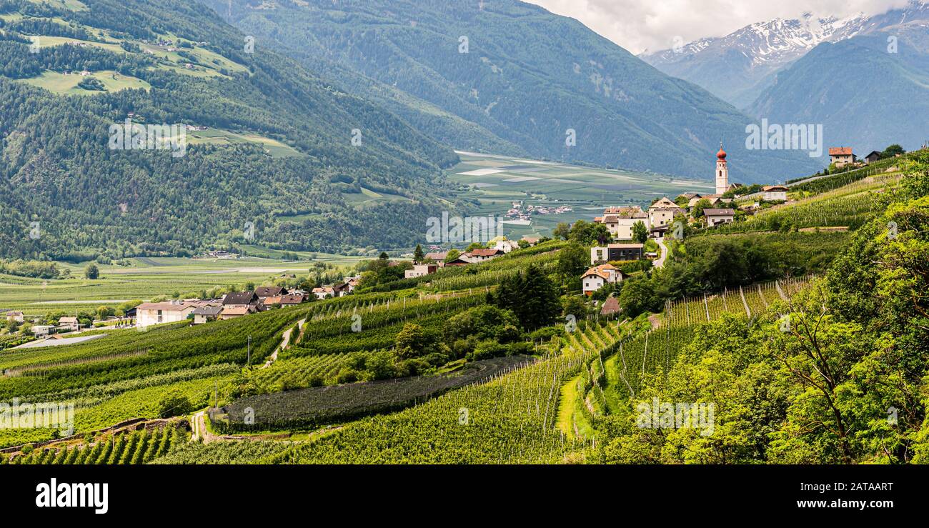 Adige Valley Panorama with Saint Martin church, Tschars, Italy Stock ...