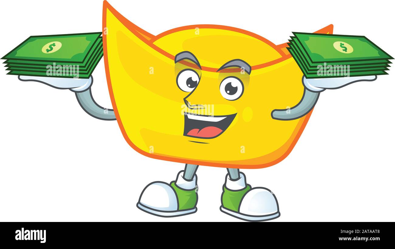 happy rich chinese gold ingot character with money on hands Stock ...