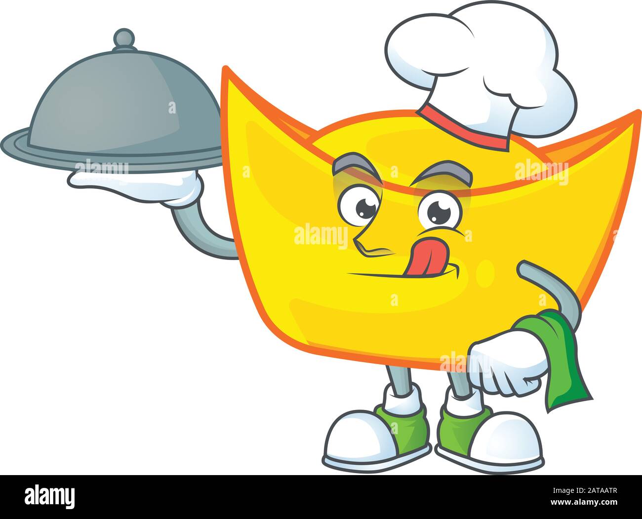 cartoon design of chinese gold ingot as a Chef having food on tray ...