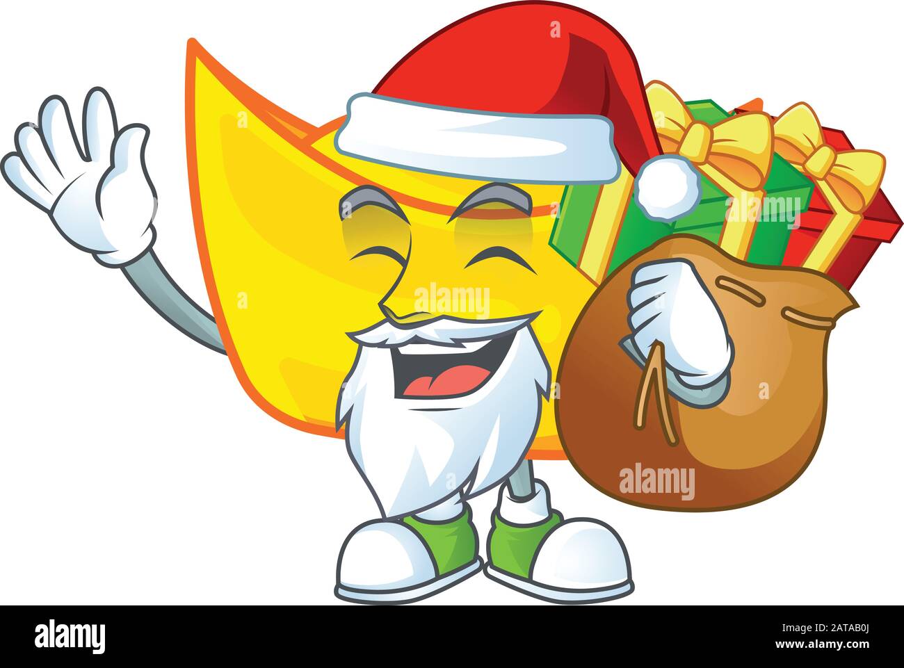 Santa chinese gold ingot Cartoon character design having box of gift ...