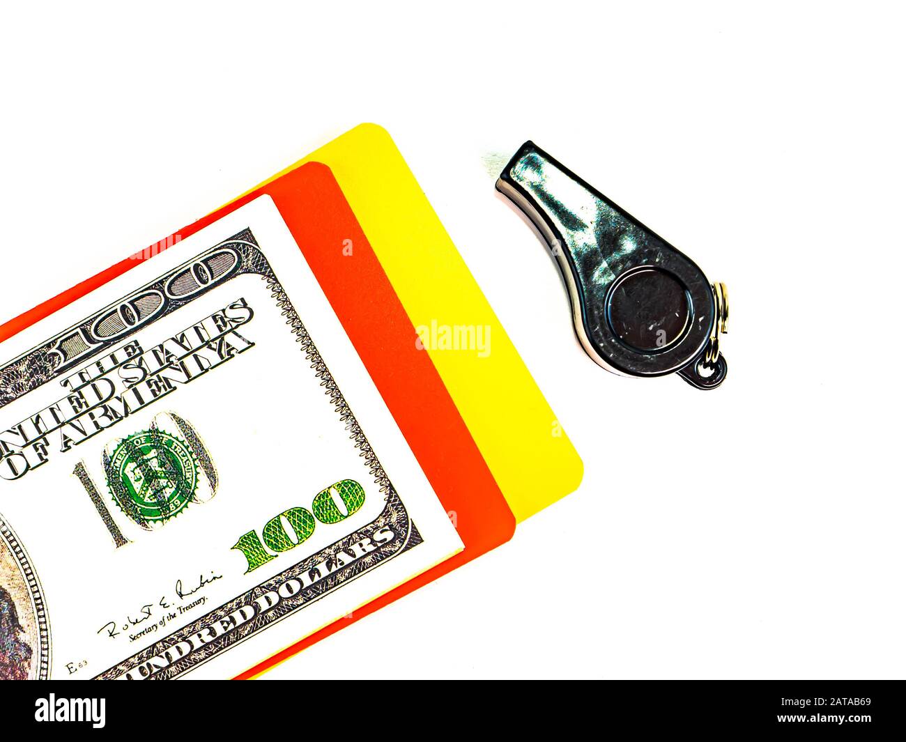 Yellow and red football referee card with money Stock Photo - Alamy