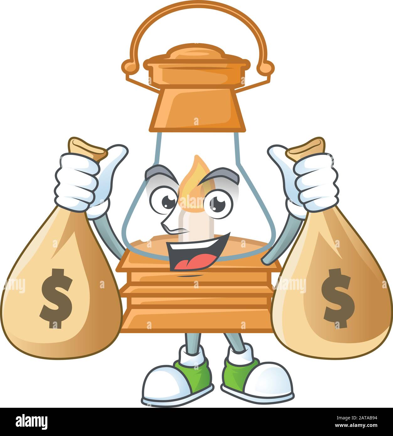 A picture of rich oil lamp cartoon character with two money bags Stock ...
