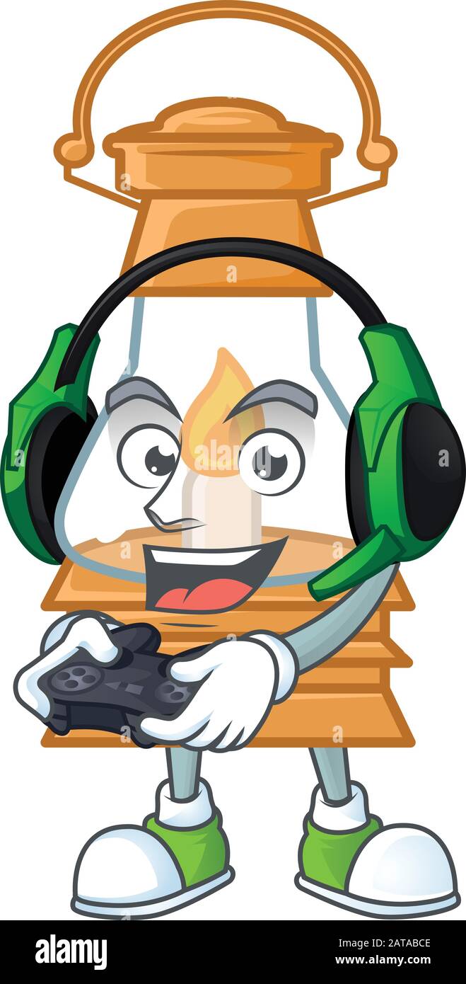 Cool oil lamp cartoon mascot with headphone and controller Stock Vector ...